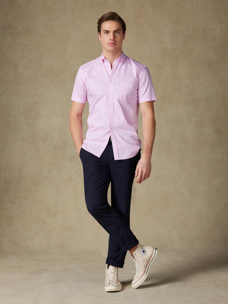 Buton down collar Barry stripe shortsleeves shirt - Pink | Café Coton
